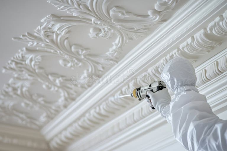 A Painter is Applying Paint To a 3D Ceiling with a Spray Gun Stock ...