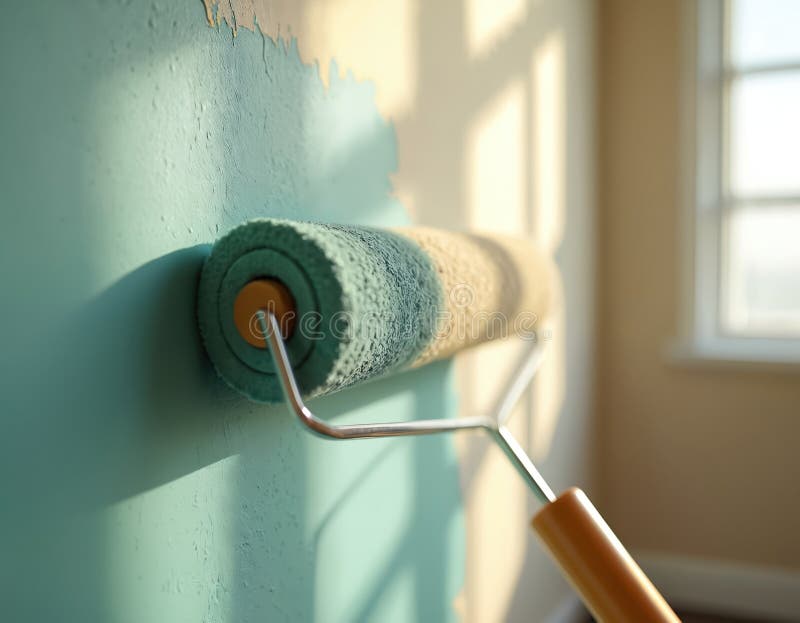 Painter Applying Paint To Wall Using Paint Roller. Home Renovation ...