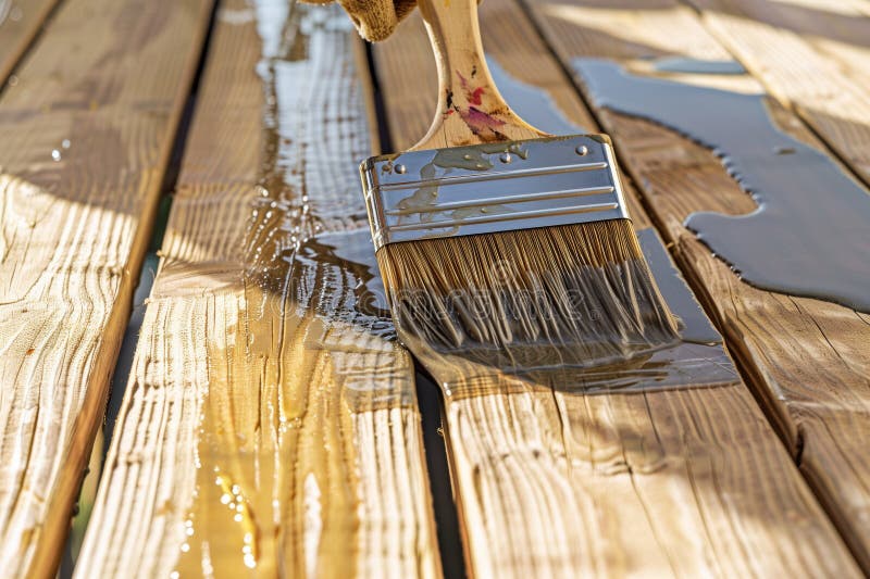 Painter Applying Varnish To Wooden Deck with Wide Brush Stock Photo ...