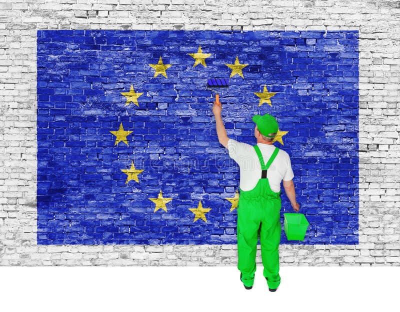 Painter Covers Brick Wall with Flag of European Union Stock Image ...