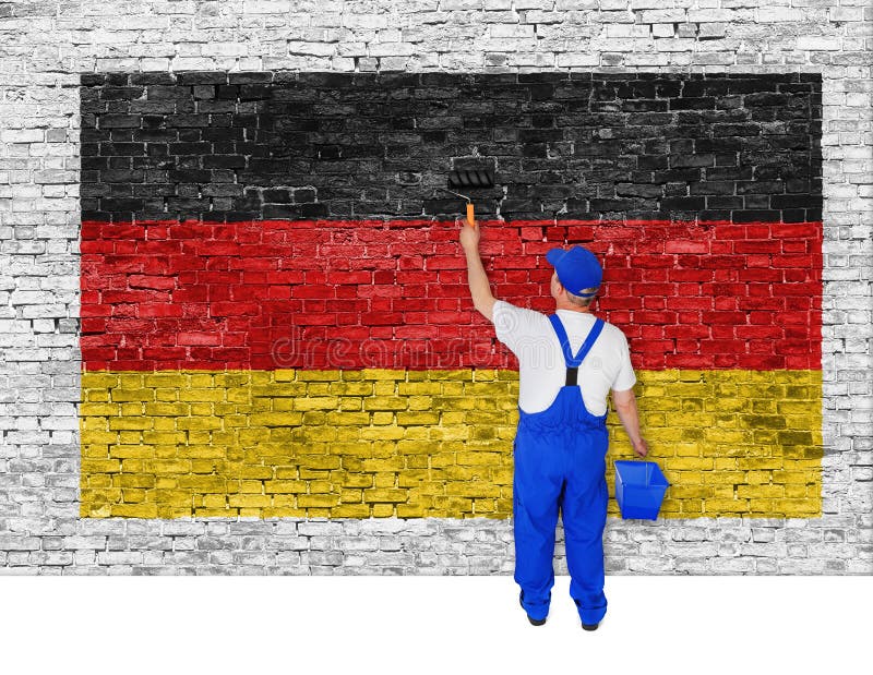 Painter Covers Brick Wall with Flag of Germany Stock Illustration ...