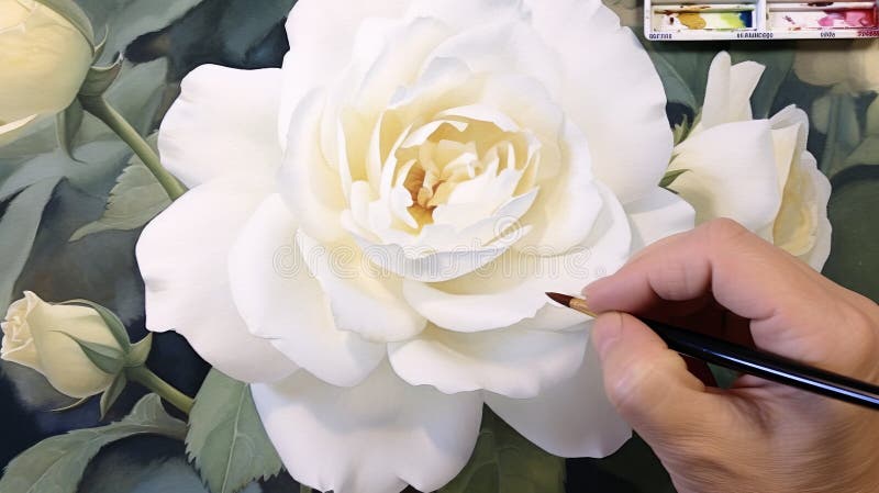 Hand-painted White Rose in Ayako Rokkaku Style Acrylic Painting Stock ...