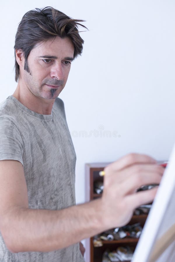 Painter Drawing on Canvas - Painting Session Stock Image - Image of ...
