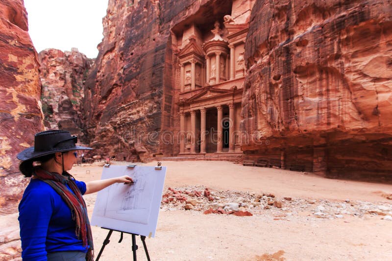 Painter Drawing the Facade of Ancient Petra, Jordan Editorial Stock ...