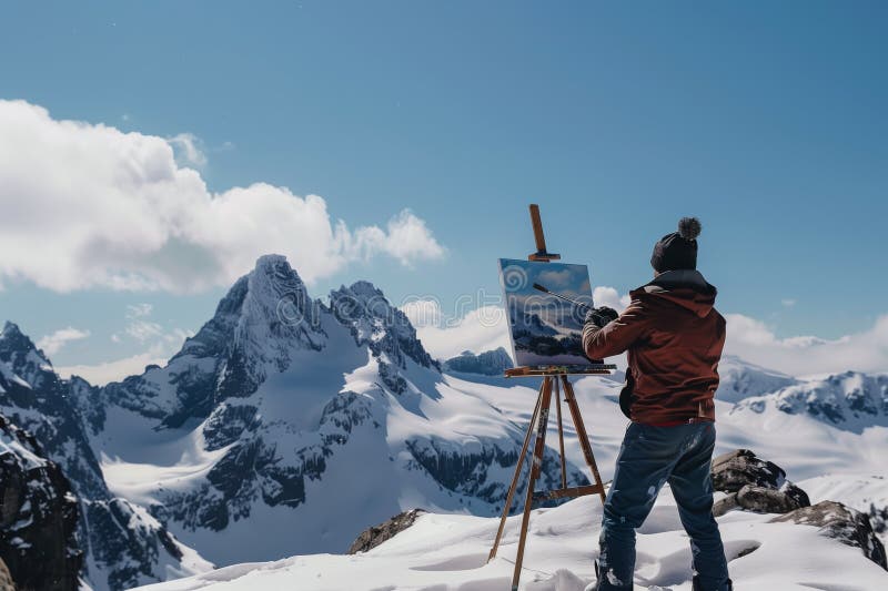 Painter with Easel Capturing Snow Peaks Beauty Stock Photo - Image of ...