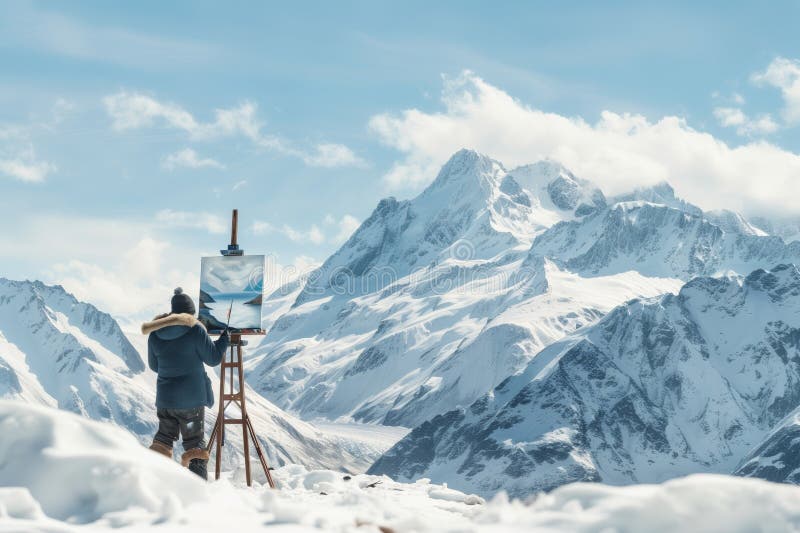 Painter with Easel Capturing Snow Peaks Beauty Stock Photo - Image of ...