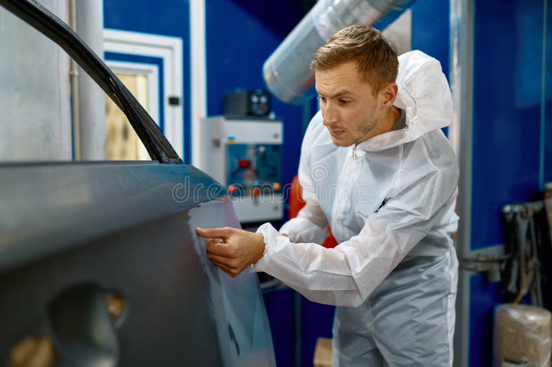 Painter Examining Car Body Paint Check Process Stock Image - Image of ...