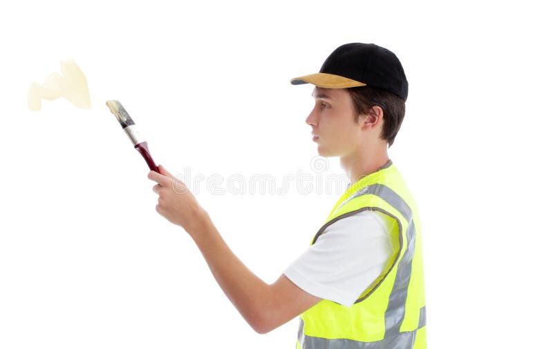 Painter Handyman Applying Paint Stock Photo - Image of brush, white ...