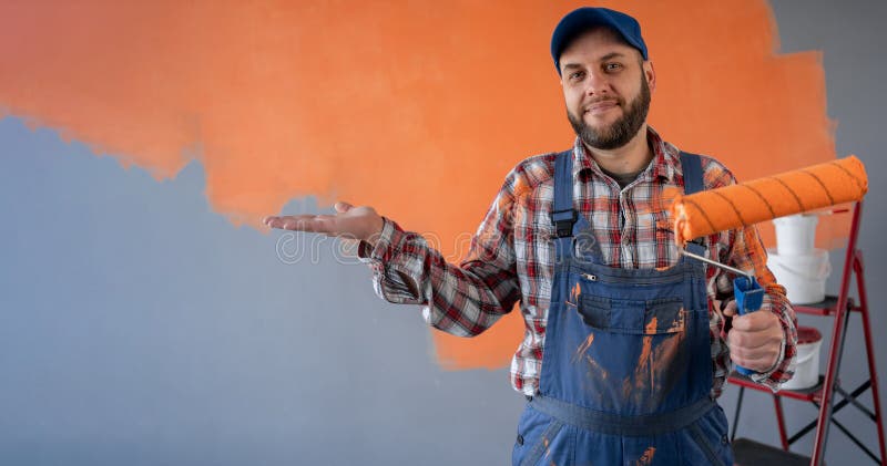 Painter Man Holding Copy Space Imaginary on the Palm To Insert an Ad ...