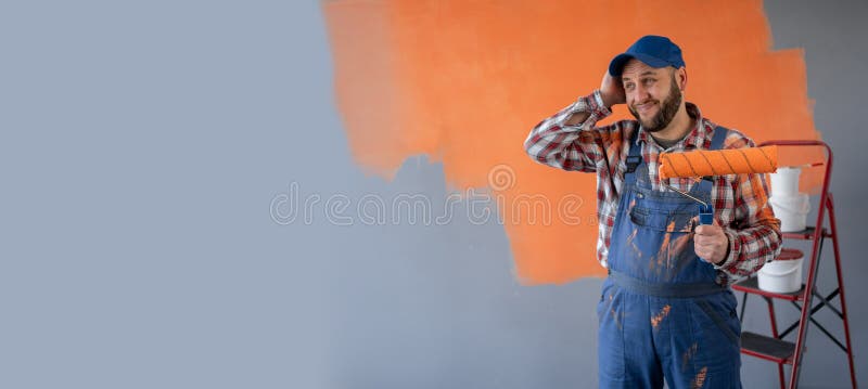 Painter Man with Paint Roller in His Hand Have Tired and Sick ...