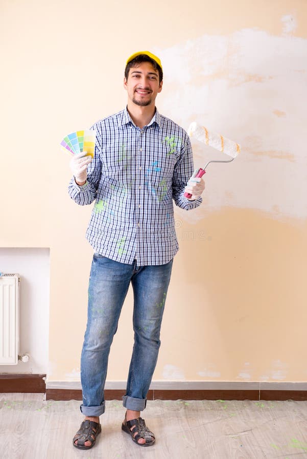 The Painter Man Painting the Wall at Home Stock Image - Image of ...