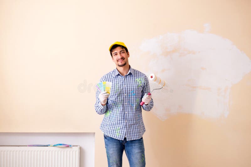 The Painter Man Painting the Wall at Home Stock Image - Image of ...