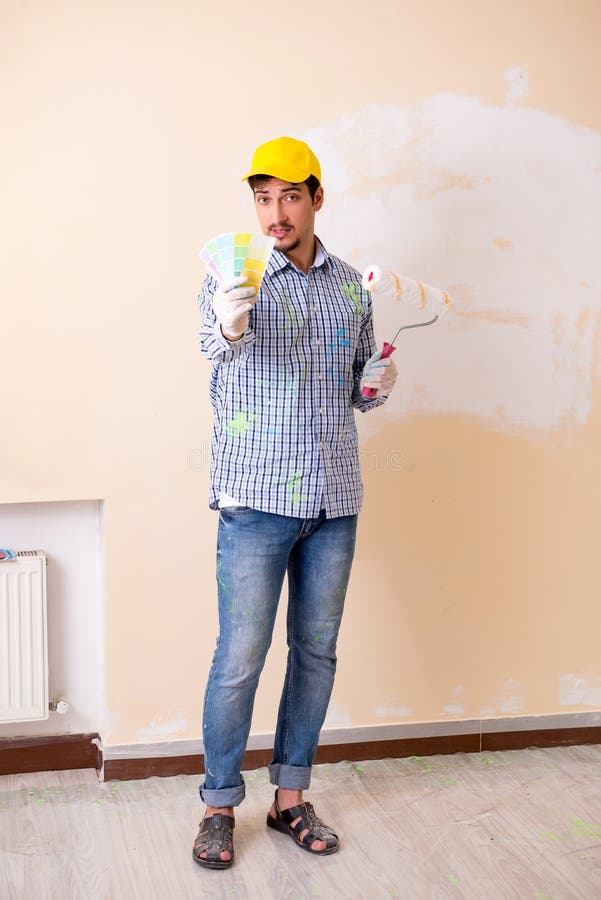 The Painter Man Painting the Wall at Home Stock Image - Image of ...