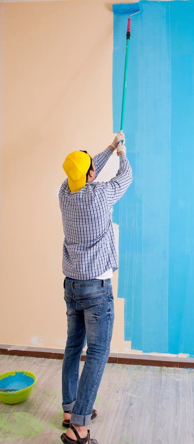 Painter Man Painting the Wall at Home Stock Image - Image of indoor ...