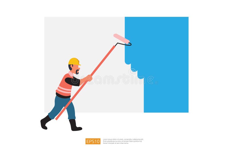 Painter Man Painting Wall with Roller Brush. Vector Illustration of ...