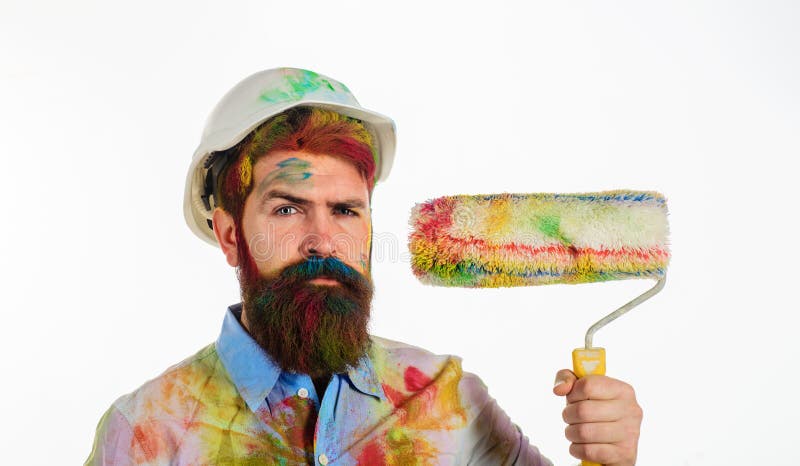Painter Man. Professional Painter Man in Helmet with Paint Roller ...
