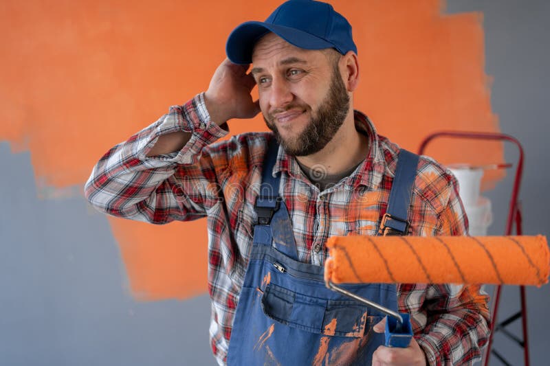 Painter Man with Tired and Sick Expression Standing in Renovation House ...