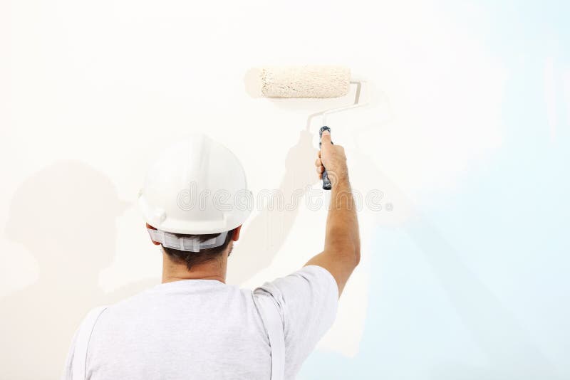 Painter Man at Work with a Paint Roller, Wall Painting Stock Photo ...