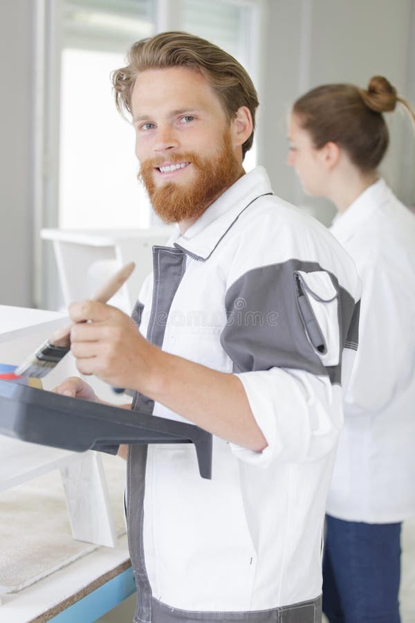 Painter Men Mixing Paint at Work Stock Photo - Image of residential ...