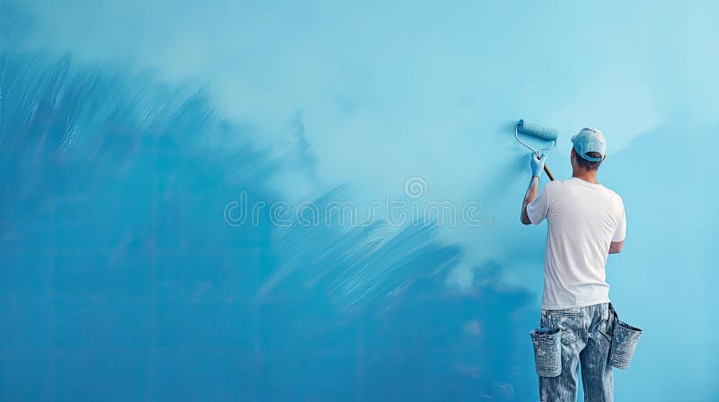 A Painter Meticulously Applies Paint To the Wall Using a Roller, Seen ...