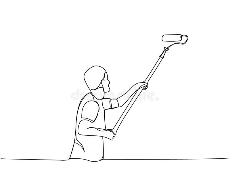 Painter Paints a Wall with a Roller with a Long Handle, Worker in ...