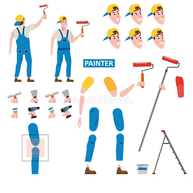 Painter Profession Worker Character for Animation. Front and Back View ...