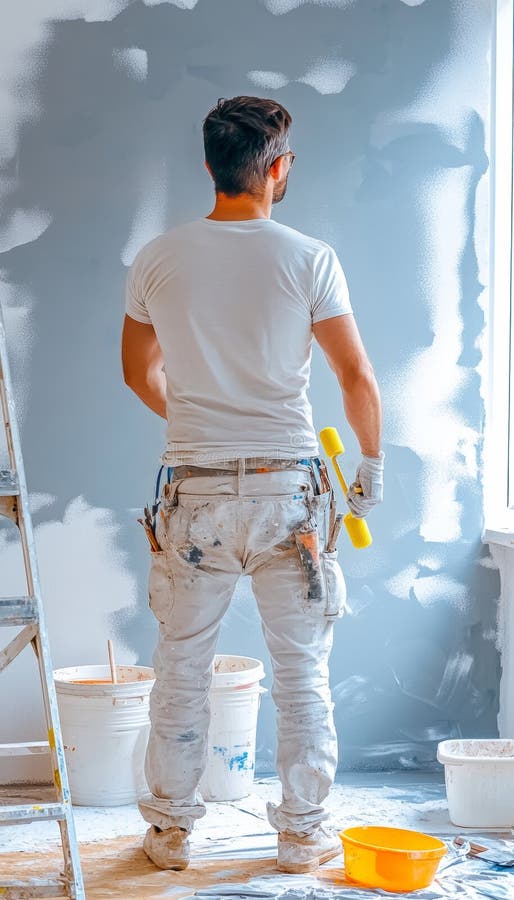 Painter with Roller, Back View, Partial Wall Painting during Home ...