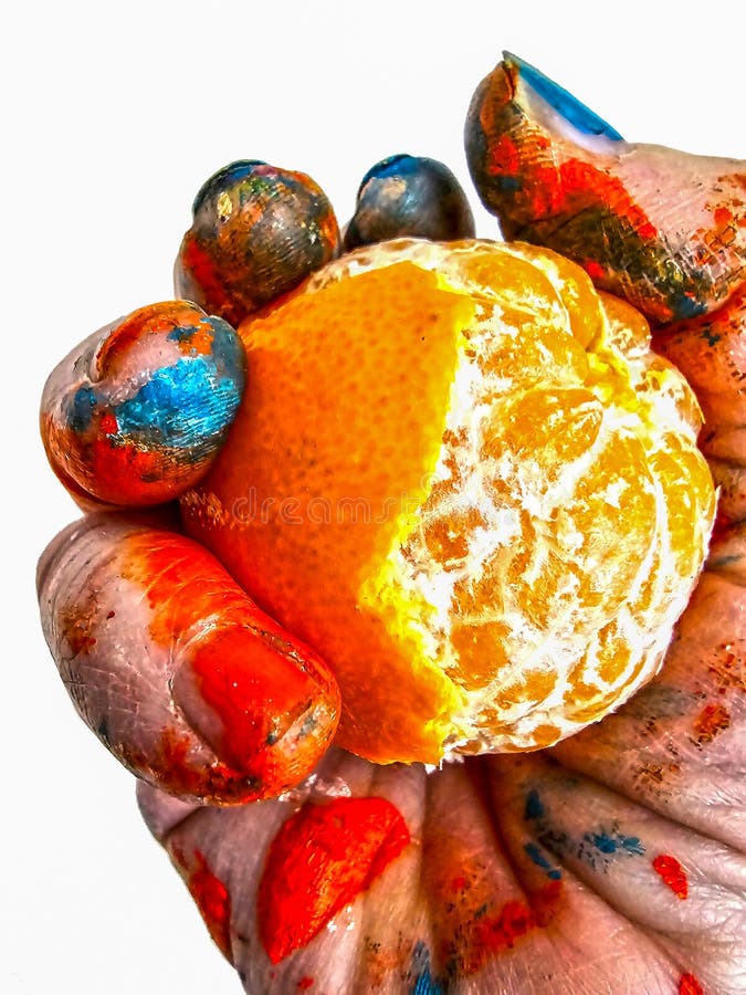 Painter S Hand Holding Half Peeled Orange Stock Image - Image of ...