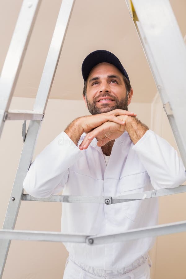 Painter Smiling Leaning on Ladder Stock Image - Image of adult ...