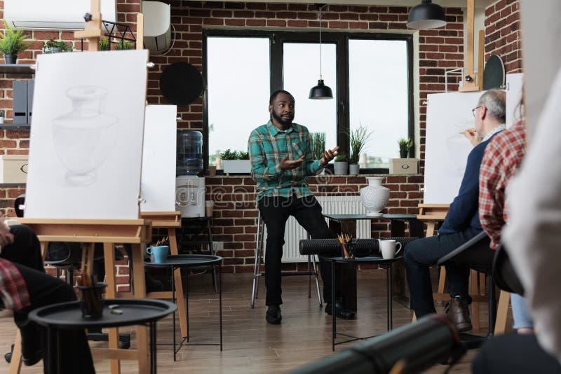 Painter Teacher Explaining Draw Illustration To Art Students Stock ...