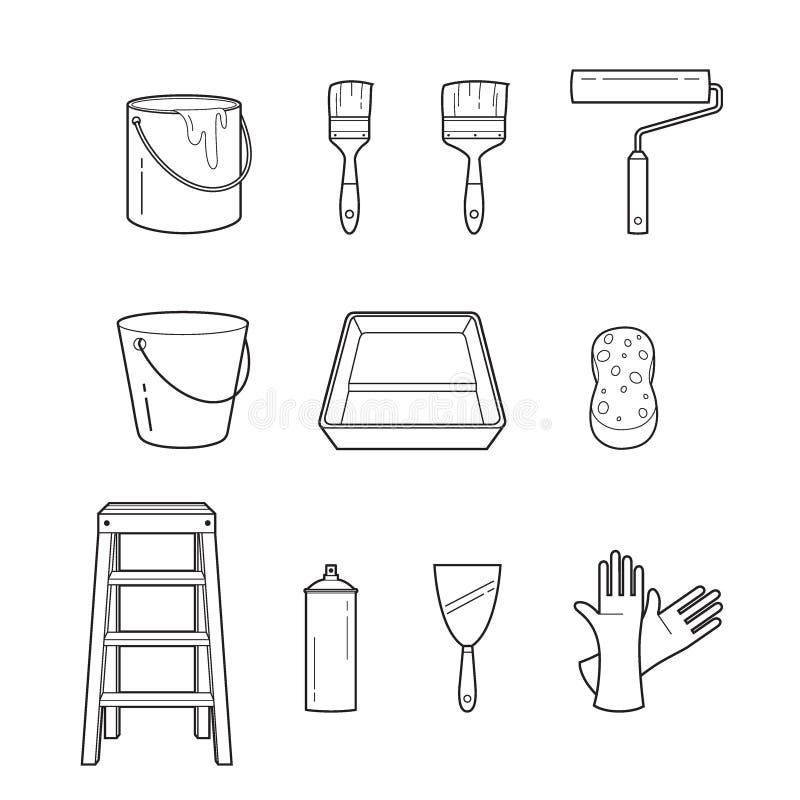 Painter Tools Objects Outline Icons Set Stock Vector - Illustration of ...