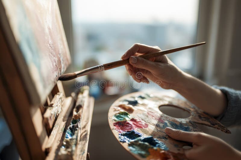 Painter Using Paintbrush and Palette Creating Artwork on Canvas Stock Photo - Image of paint ...