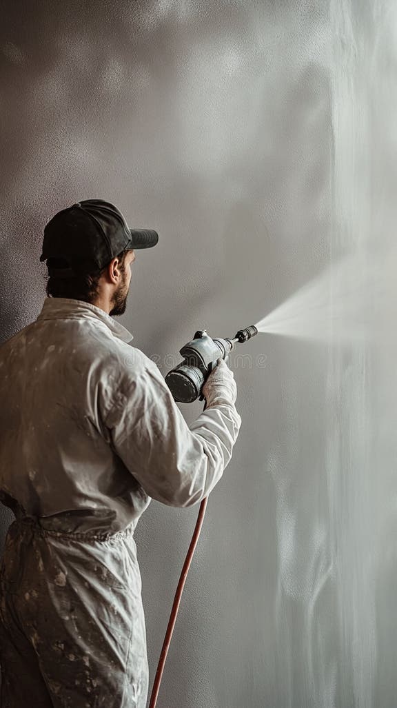 A Painter Using a Sprayer To Coat Large Wall Sections Efficiently ...