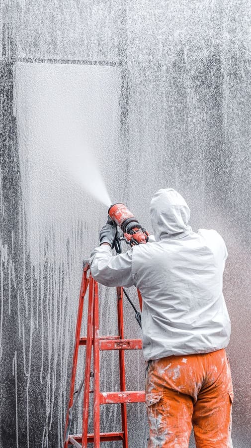 A Painter Using a Sprayer To Coat Large Wall Sections Efficiently ...