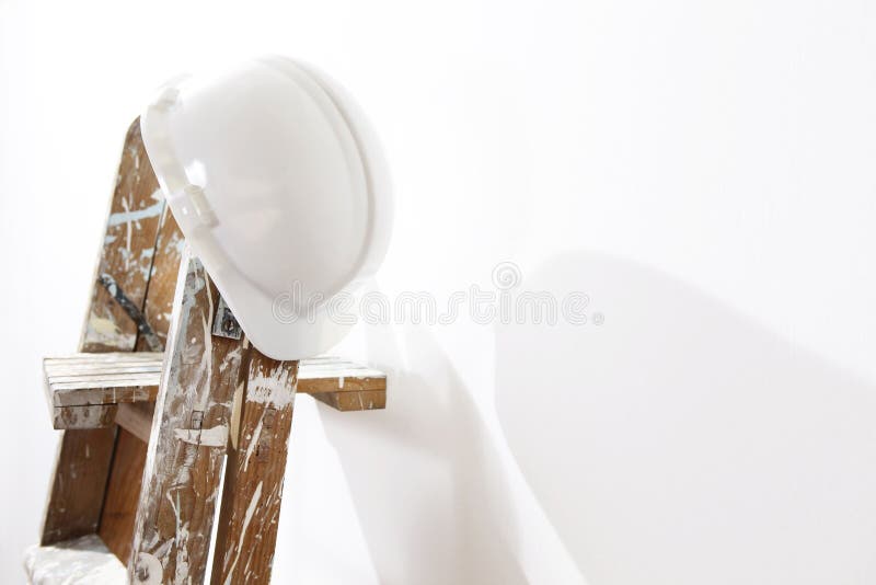 Painter Wooden Ladder with Helmet Worker, Leaning Wall Stock Image ...