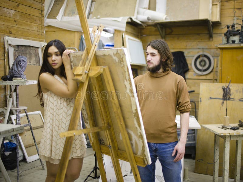 Painter at Work with Model Muse in Studio Waiting Inspiration Stock ...