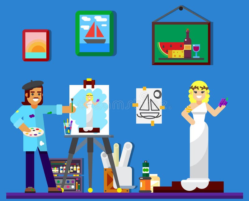 Painter at Work, Painting Model in Studio Stock Vector - Illustration ...