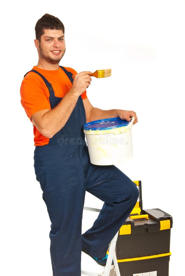 Painter Worker on Stepladder Stock Image - Image of equipment, brush ...