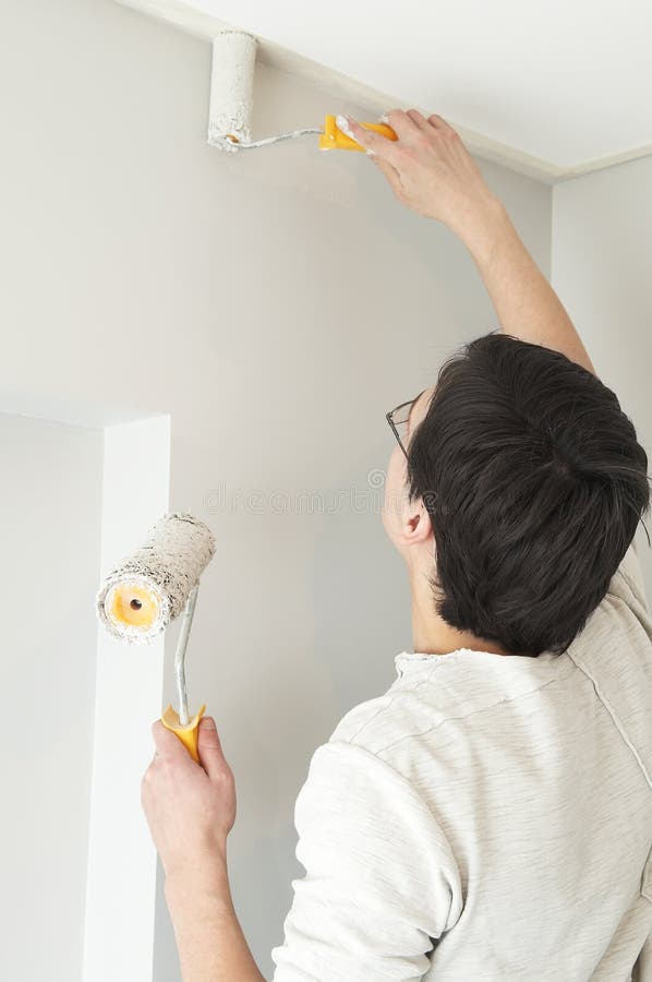 Painter Worker Painting a Ceiling Stock Photo - Image of housing ...