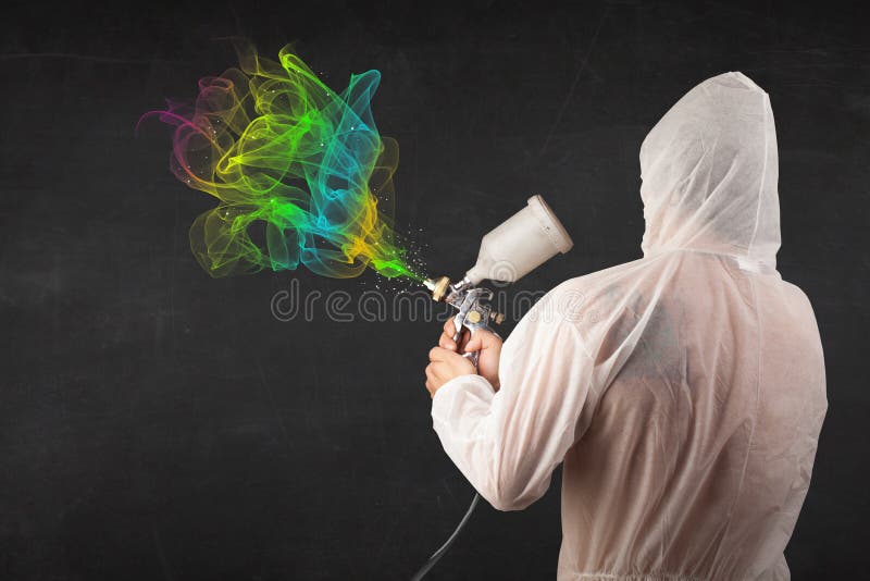 Painter Working with Airbrush and Paints Colorful Paint Stock Photo ...