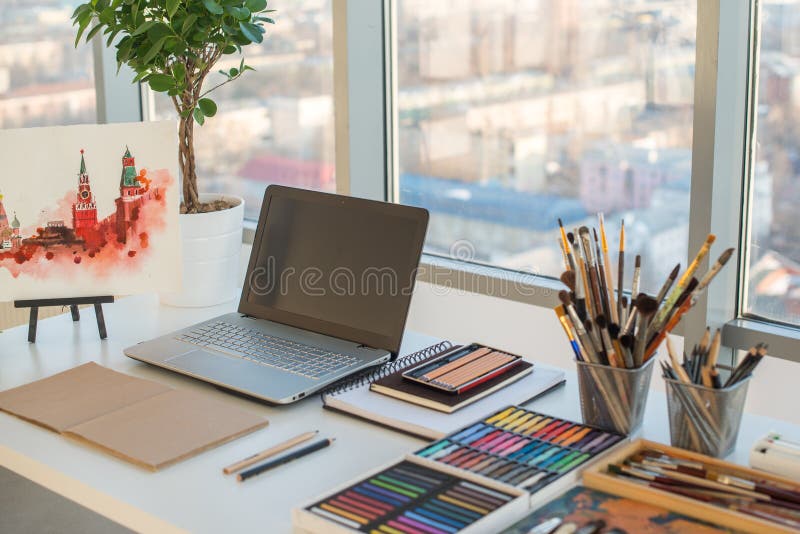 Painter Workplace in Order Side View. Designer Desk with Drawing ...