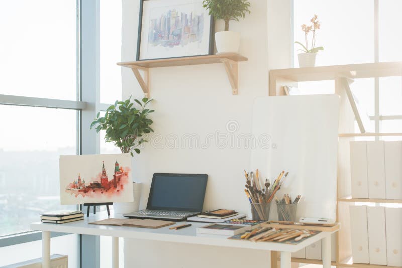 Painter Workplace in Order Side View. Designer Desk with Drawing ...