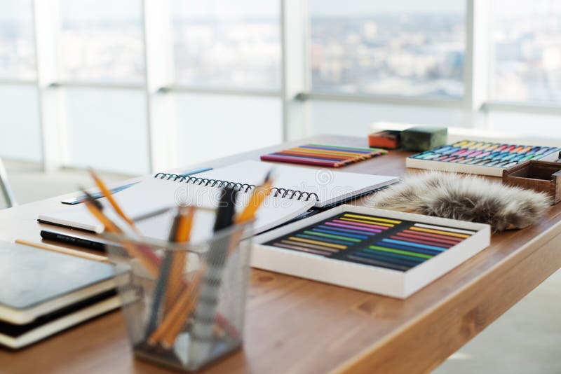 Painter Workplace in Order Side View. Designer Desk with Drawing ...