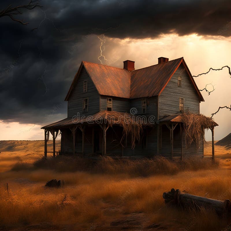 Painterly Image of the Dark Abandoned House in Rural Landscape with ...