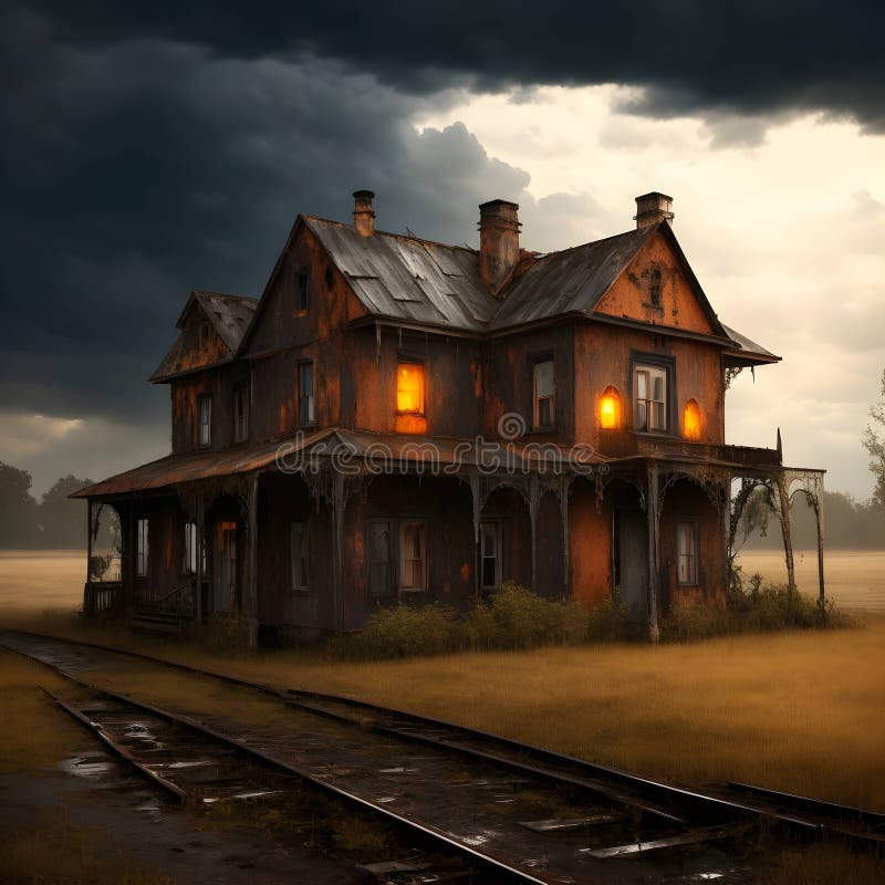 Painterly Image of the Dark Abandoned House in Rural Landscape with ...