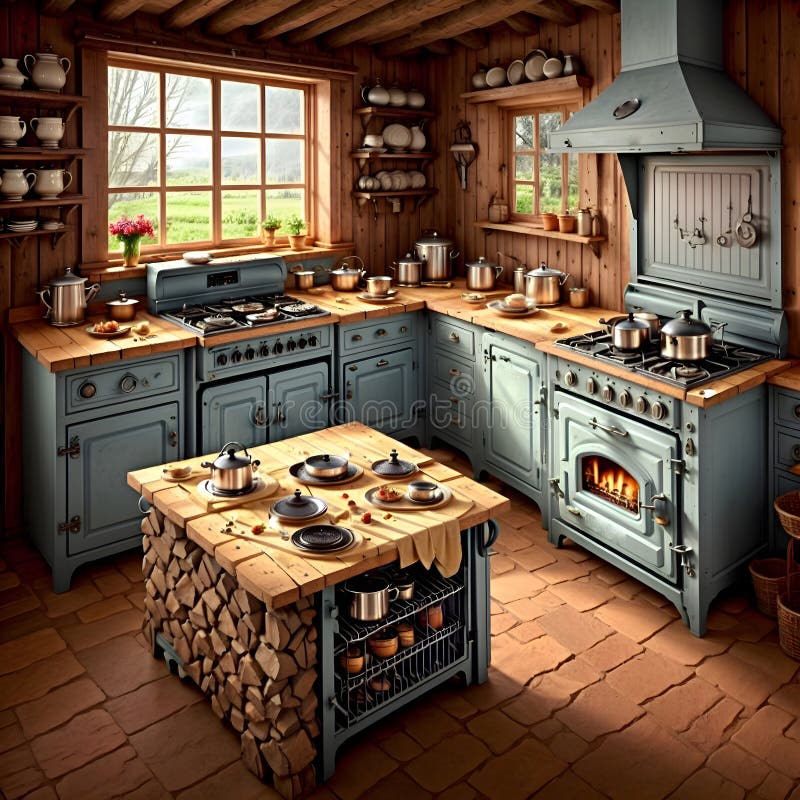 Painterly Image of a Dreamy Kitchen in a Cottage Showing an Old Oven or ...