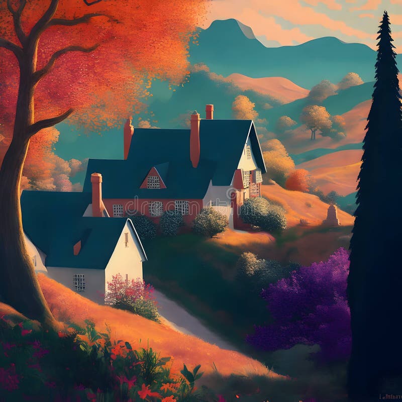 Painterly Image of an English Whimsical Village on a Hill in Old Time ...