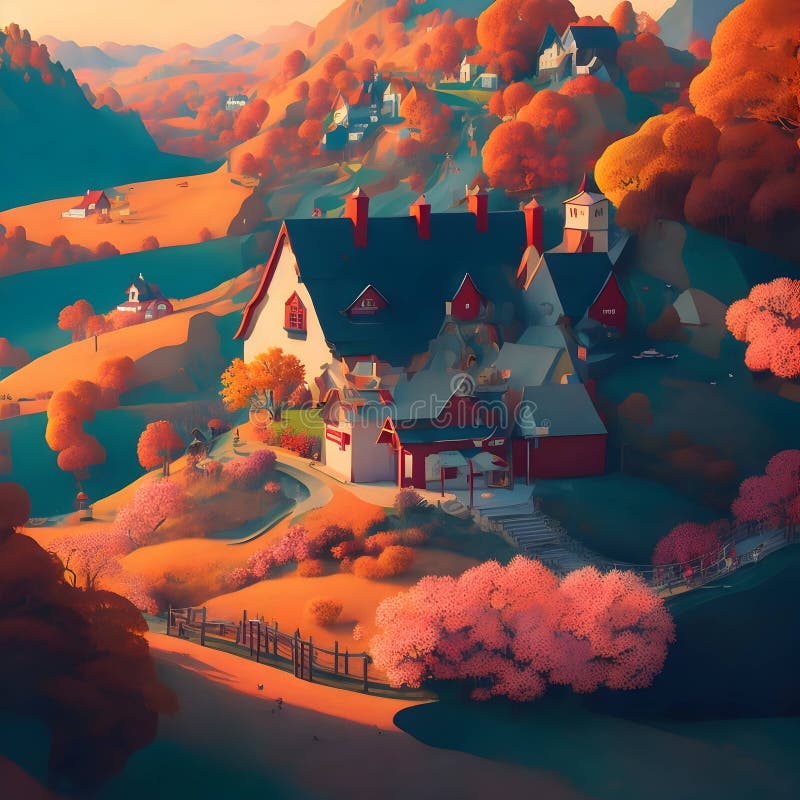 Painterly Image of an English Whimsical Village on a Hill in Old Time ...