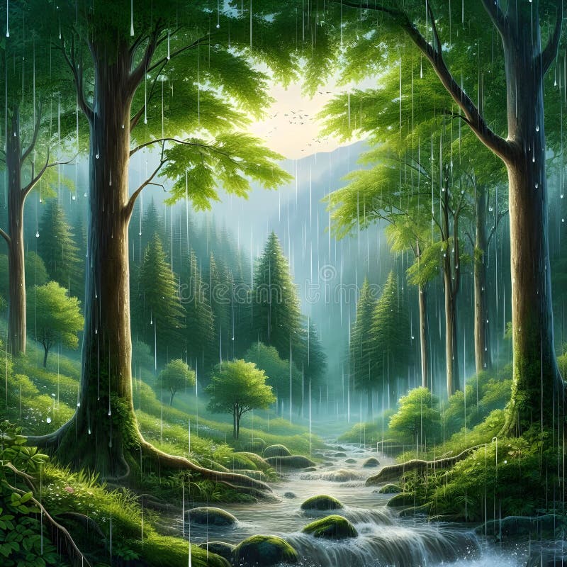 Painterly Image of Serene Scene of a Beautiful Rain Falling on a Lush ...