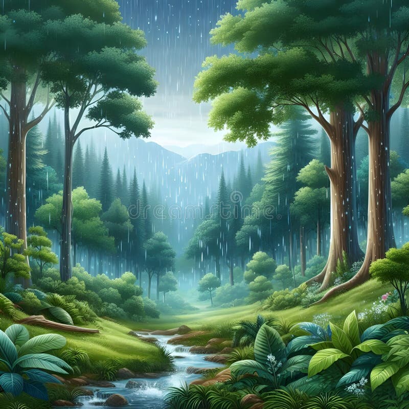 Painterly Image of Serene Scene of a Beautiful Rain Falling on a Lush ...